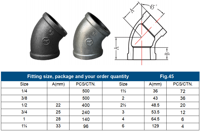 45 Degree Black Pipe Elbow| Malleable Iron Pipe Fittings Elbow 45